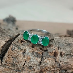 Natural Emerald & CZ Engagement Ring, Emerald Rings for Women, Green ...