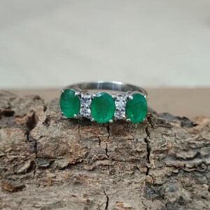 Natural Emerald & CZ Engagement Ring, Emerald Rings for Women, Green ...