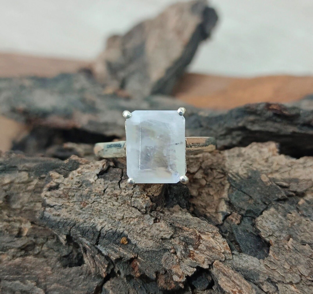 Moonstone Blue Fire Ring Square Shape Ring Indian Look Ring Best Birthday Gift, Anniversary Gift ...