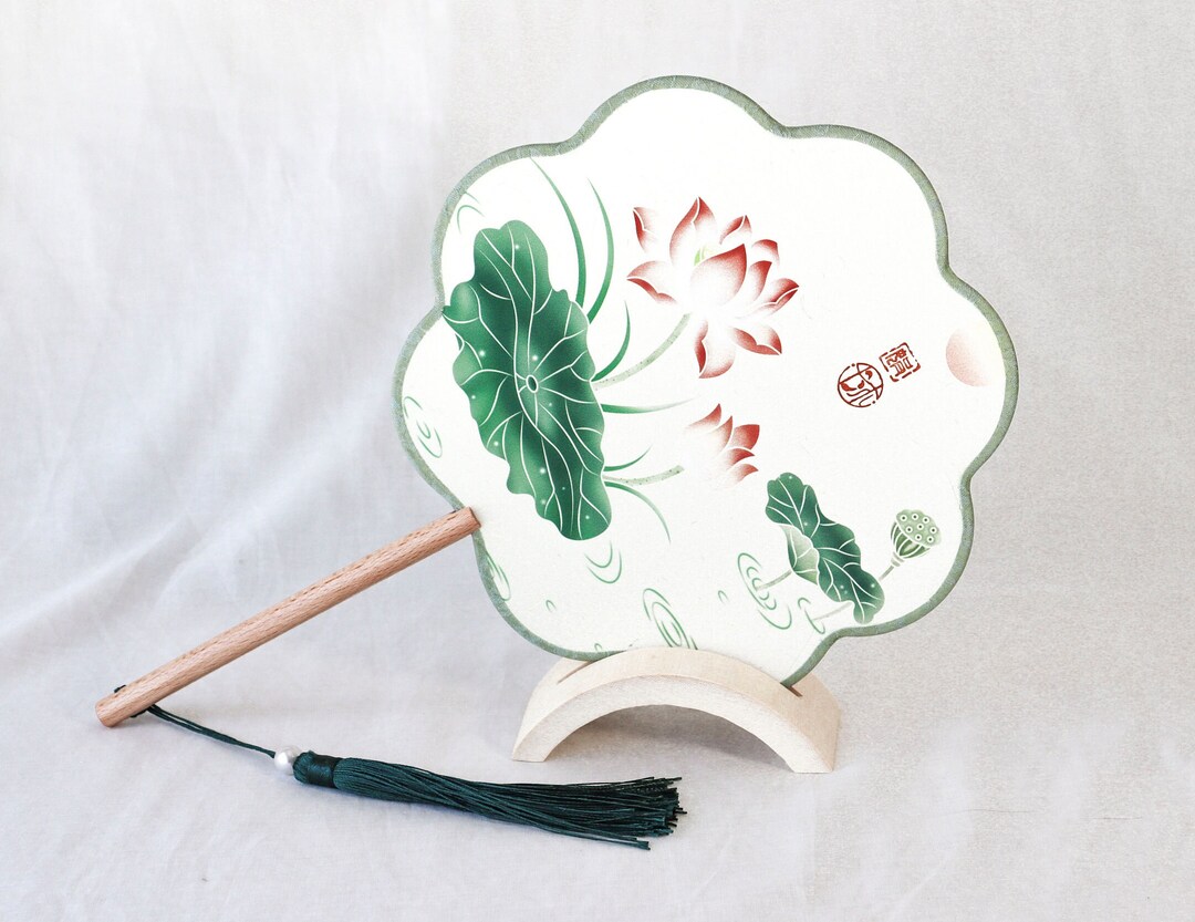 Set of 2 Handmade Flower Shaped Fans Chinese Painting Printing Lotus or ...