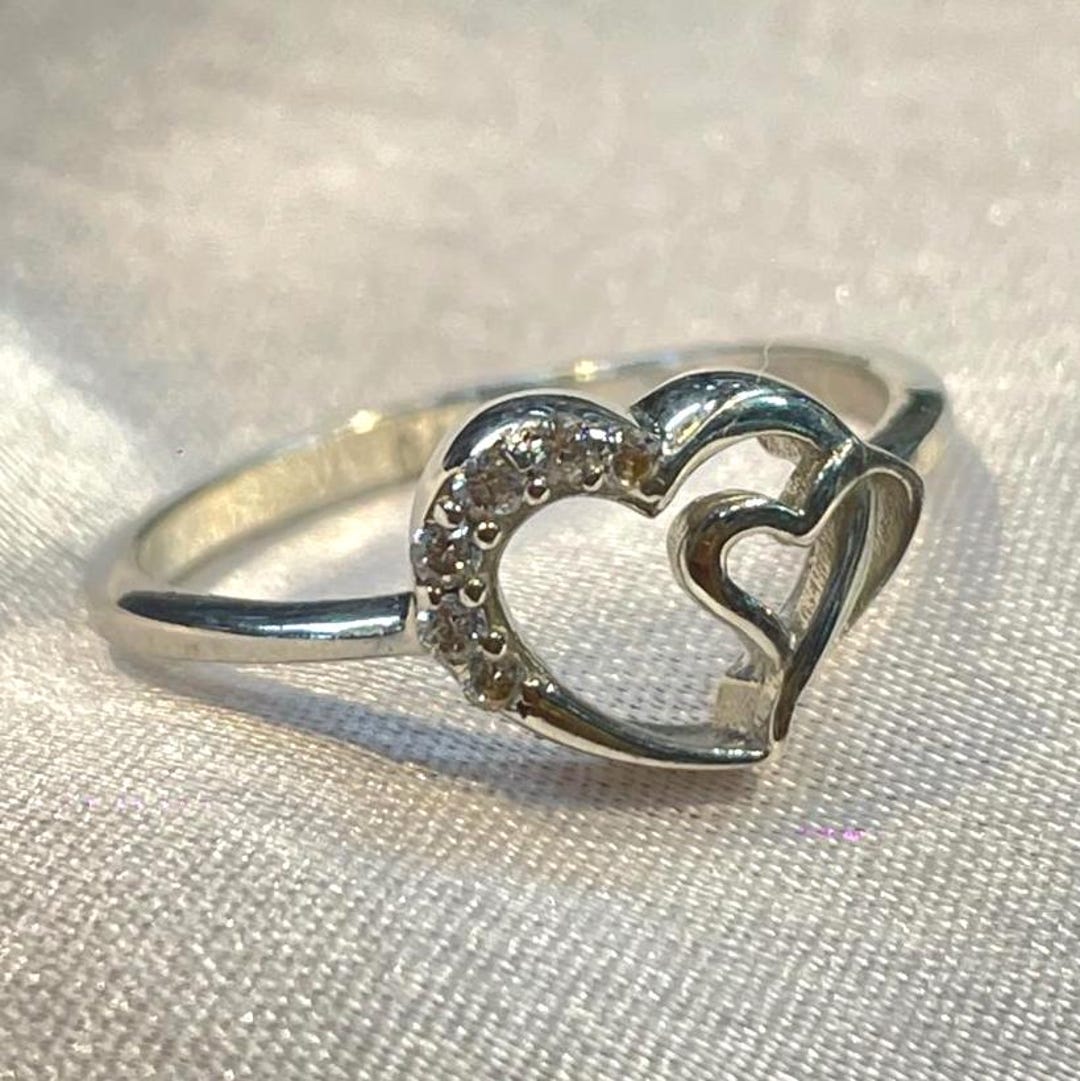 Two Hearts Sterling Silver Ring, CZ Diamond Promise Ring, Gift for Her ...