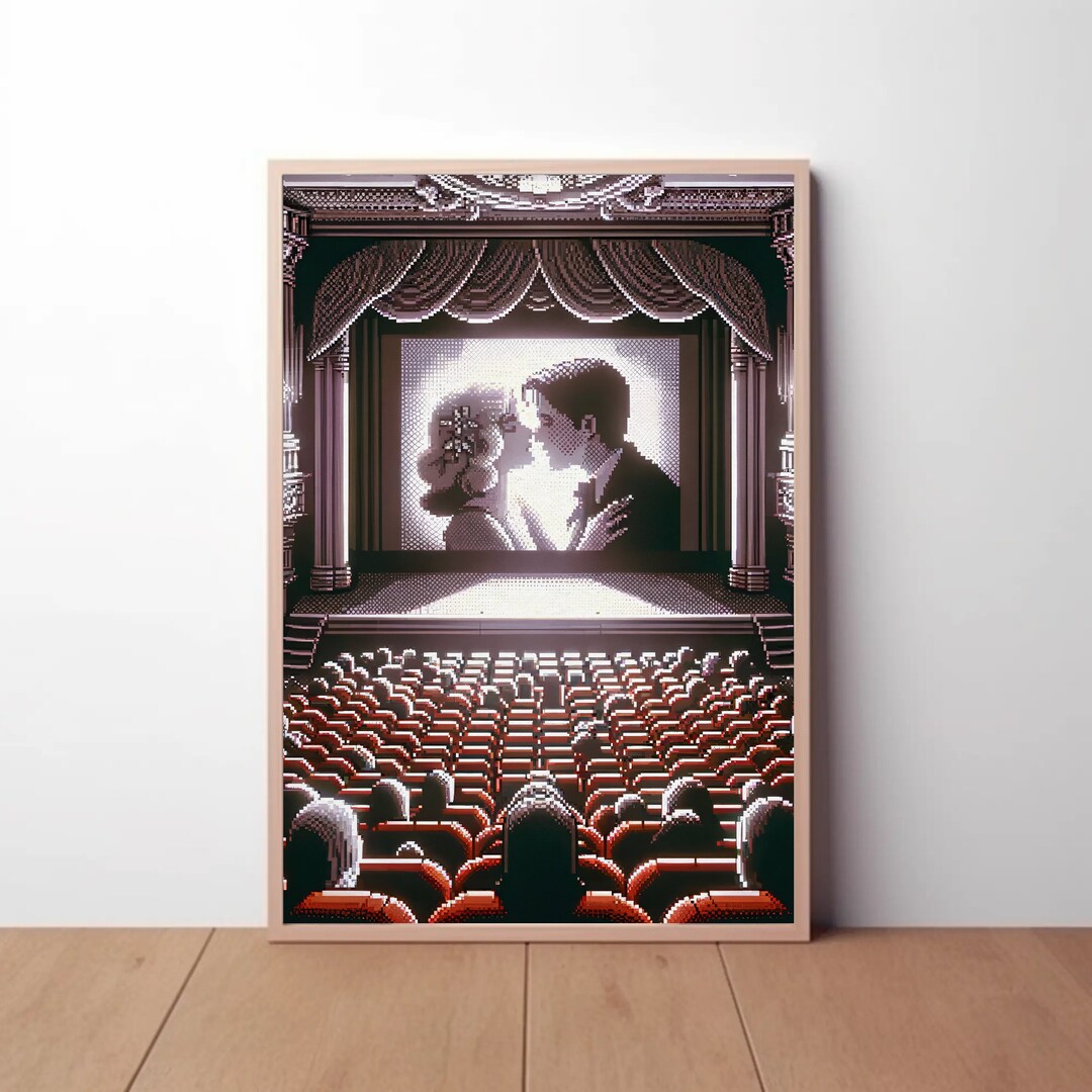 Vintage Cinema Pixel Print, Classic Movie Theater Interior Poster ...