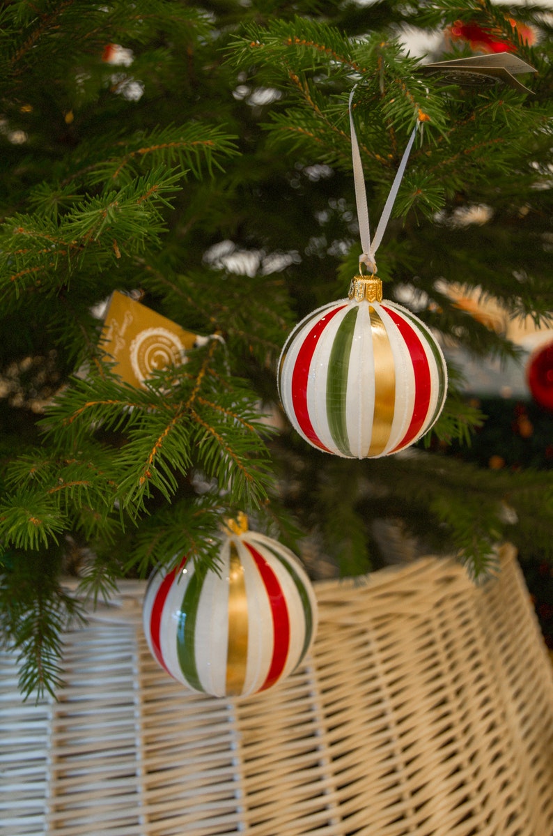 White Glass Bauble With Colored Stripes | Handmade Christmas Tree Decor ...