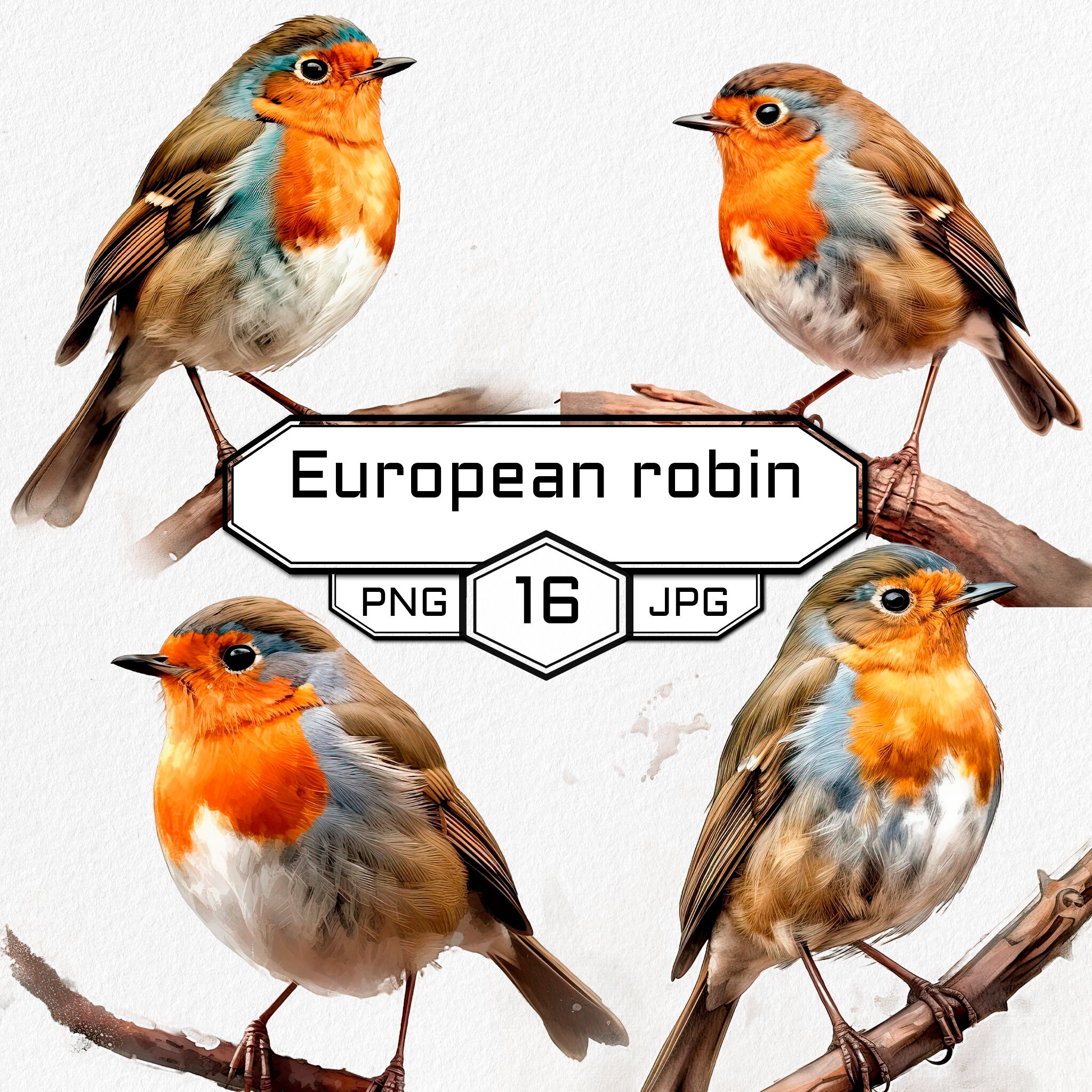 16 PNG & JPG European Robin Watercolor Clip Art: Perched on - Etsy