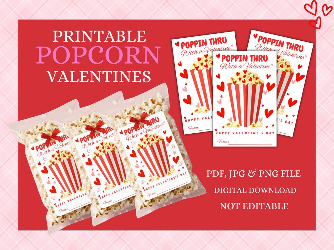 Popcorn Valentine's Day Tags – Printable Classroom Favor (3x4.5 Inch ...