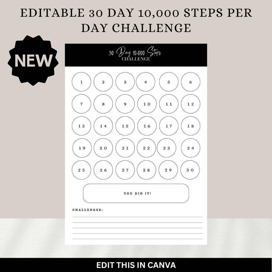 30 Day 10,000 Steps per Day Challenge Printable, 30 Day Challenge, 30 ...