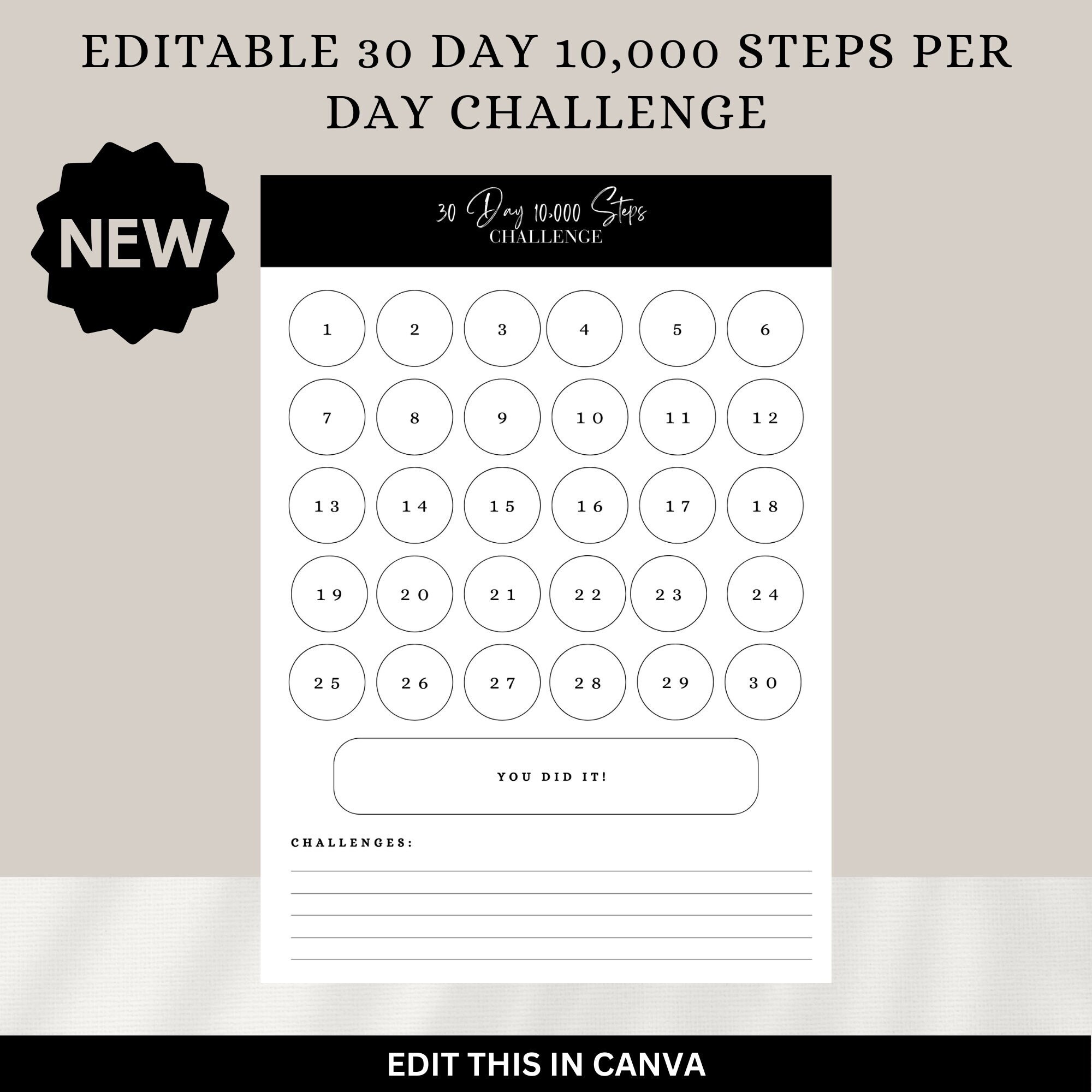 30 Day 10,000 Steps per Day Challenge Printable, 30 Day Challenge, 30 ...