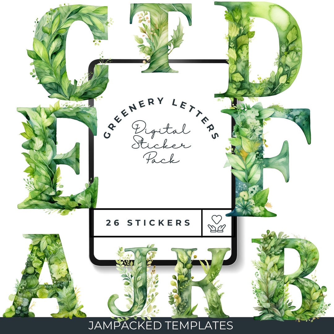Greenery Alphabet Stickers | Botanical PNG, Canva & Goodnotes (digital ...