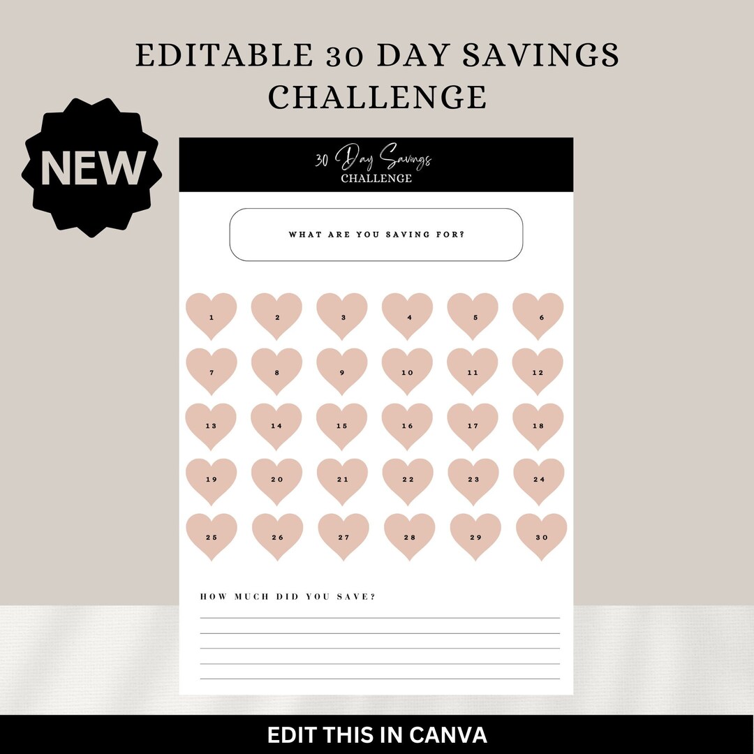 30 Day Savings Challenge, 30 Day Challenge, 30 Day Tracker, Goal ...