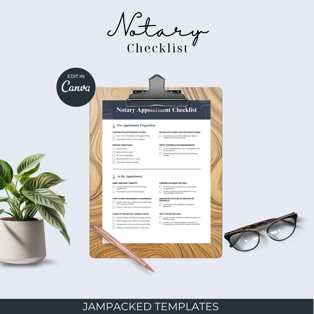 Notary Appointment Checklist|editable Canva Template & Pdf|loan Signing ...