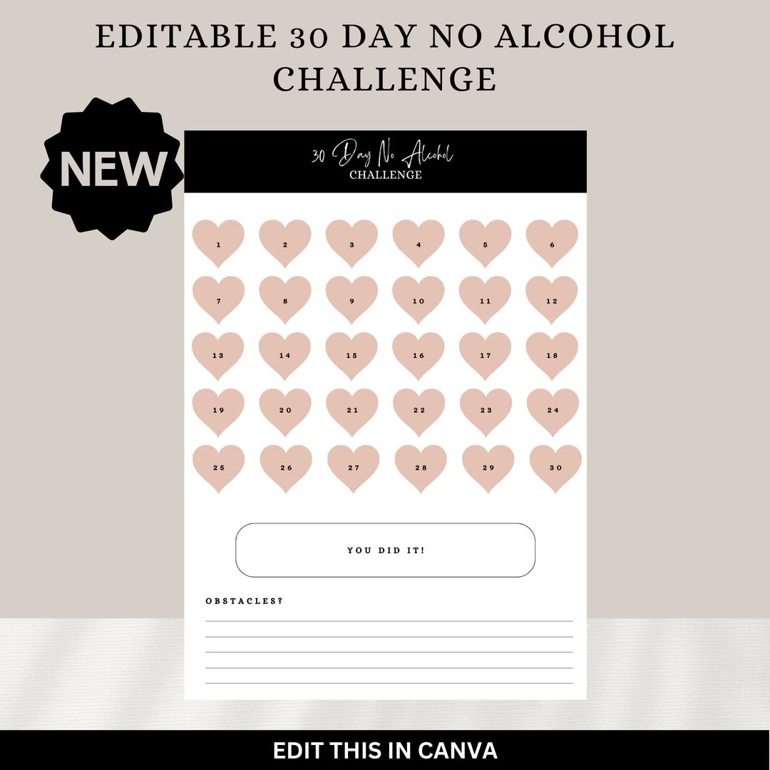 30 Day No Alcohol Challenge Printable, 30 Day Challenge, 30 Day ...