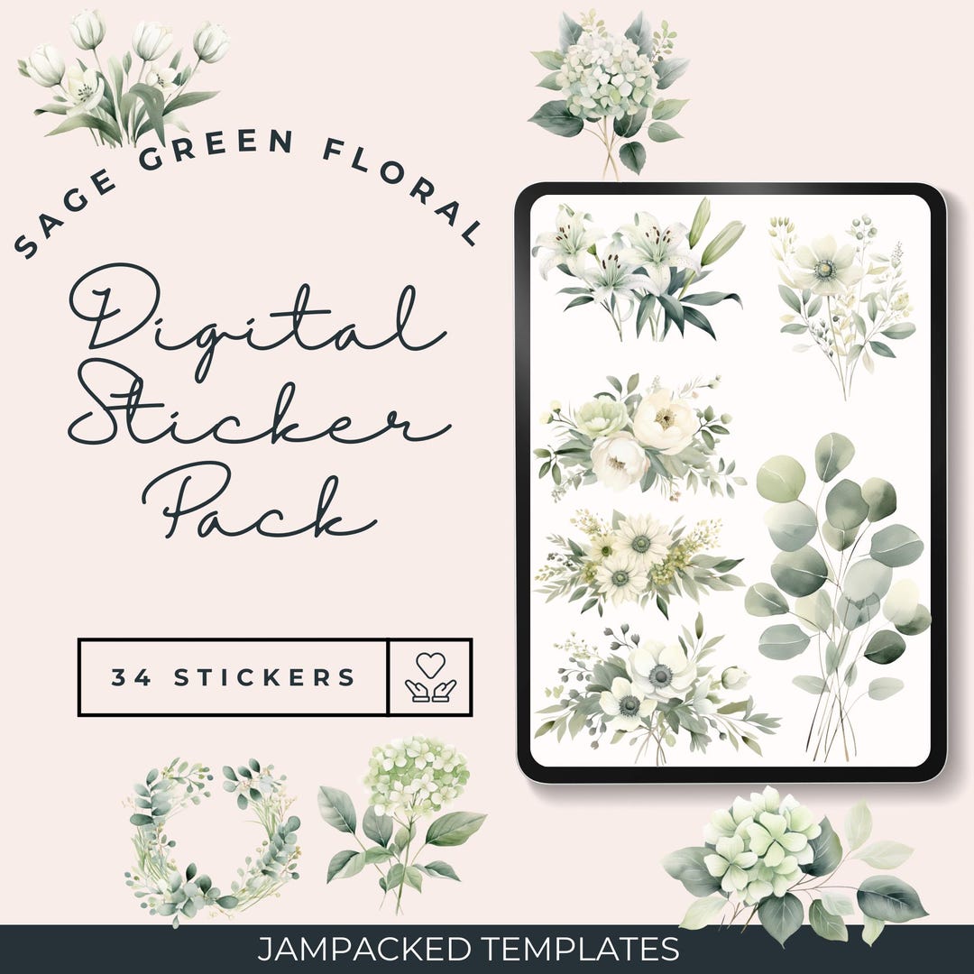 Sage Green Floral Digital Stickers|pre-cropped Goodnotes Stickers ...