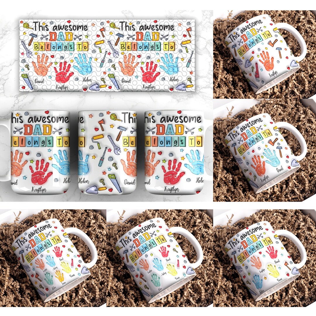 Best Dad 3D Inflated Mug Wrap, Custom Dad Handprint up to 6 Kids 11oz ...