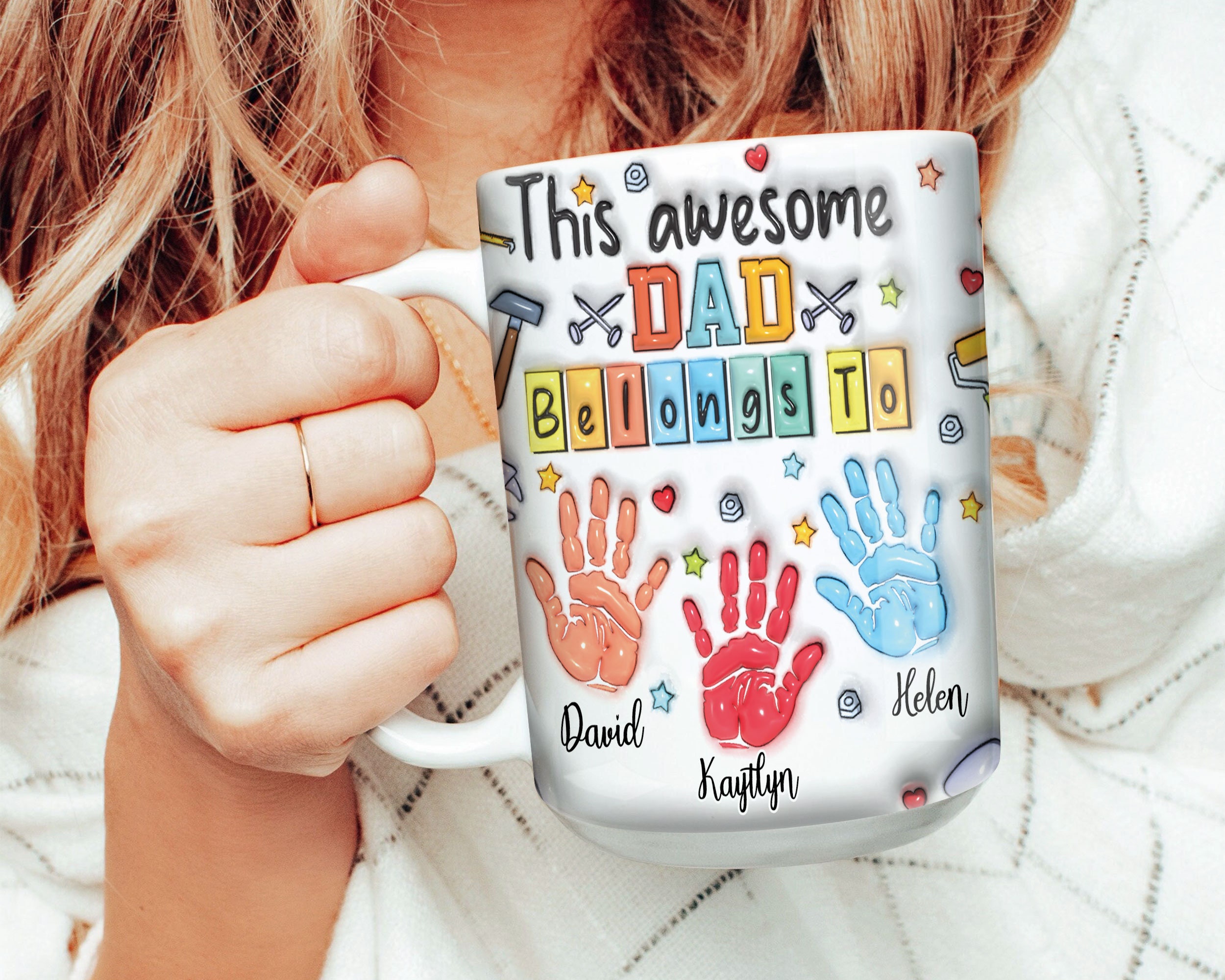 Best Dad 3D Inflated Mug Wrap, Custom Dad Handprint up to 6 Kids 11oz ...