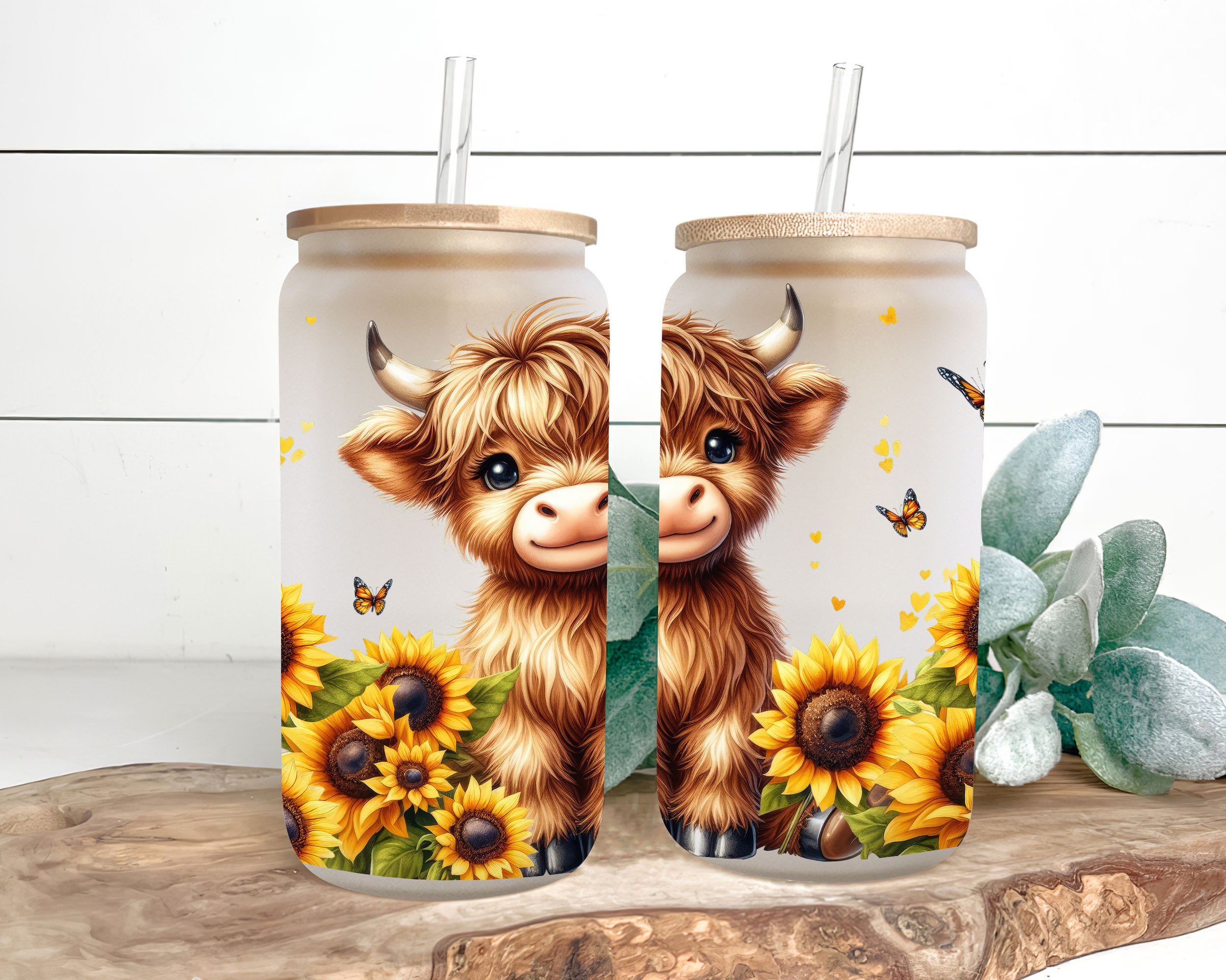 16 Oz Glass Can Wrap Highland Cow Sunflowers, Highland Cow Glass Cup ...