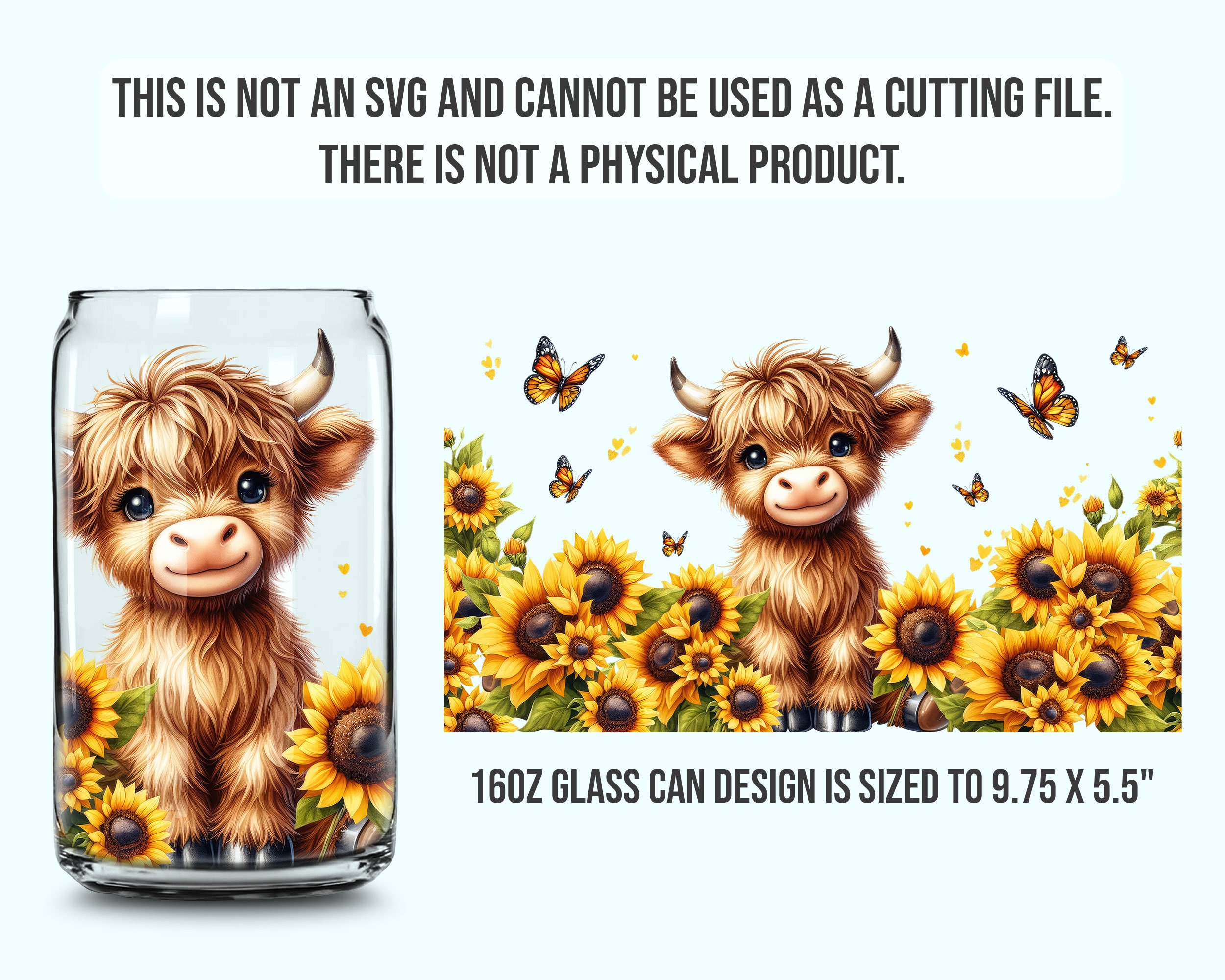 16 Oz Glass Can Wrap Highland Cow Sunflowers, Highland Cow Glass Cup ...