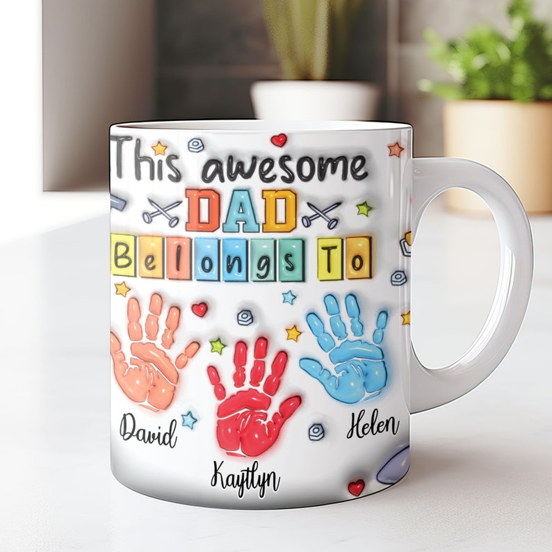 Best Dad 3D Inflated Mug Wrap, Custom Dad Handprint up to 6 Kids 11oz ...
