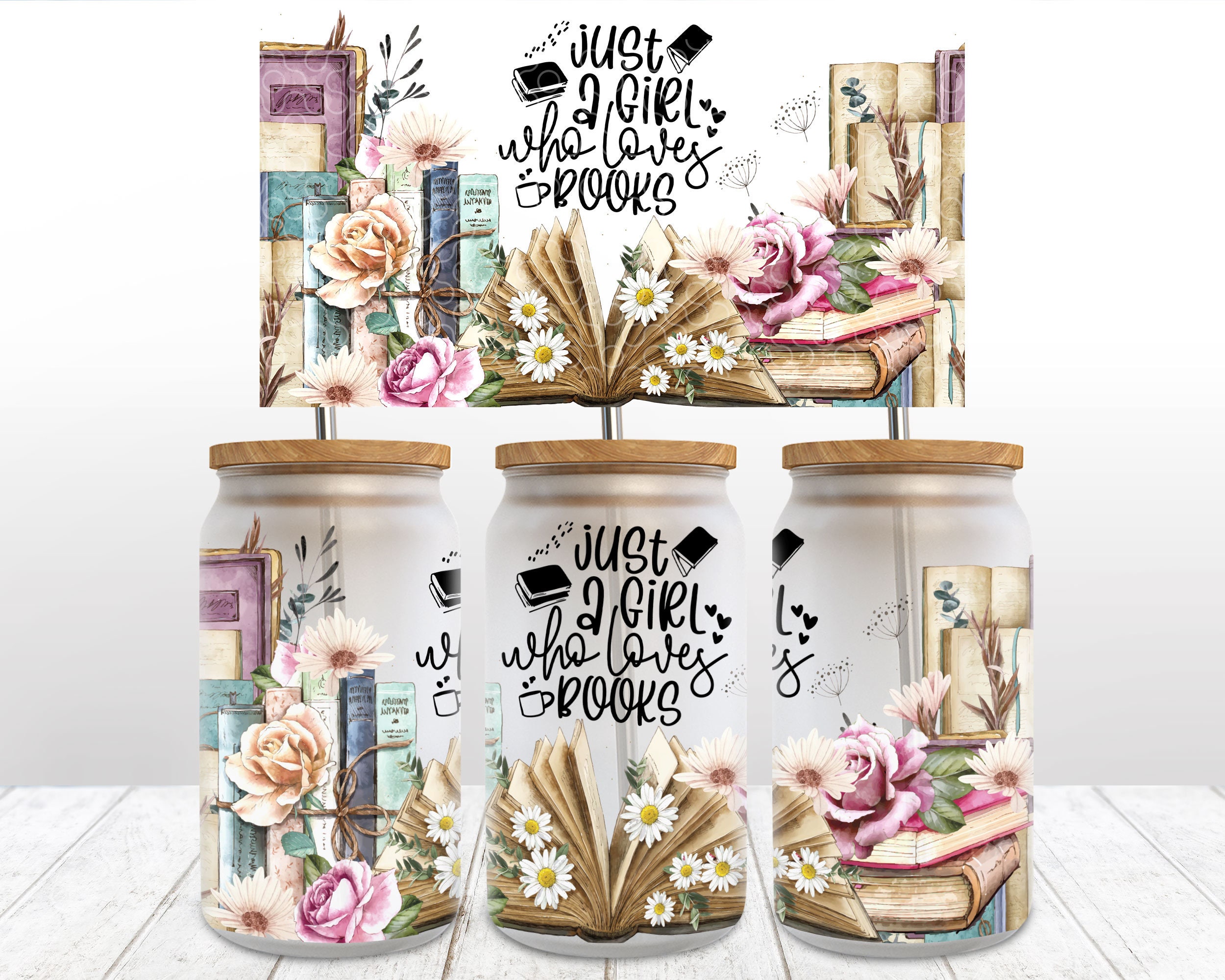 Books Libbey Glass Wrap, 16 Oz Glass Can Wrap PNG, Book Lover Glass ...