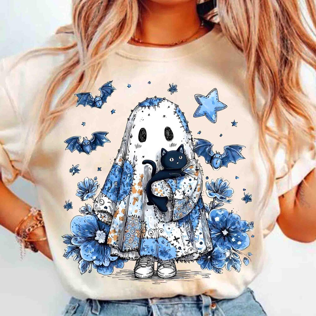 Retro Halloween Blue Denim Ghost Png, Trendy Patchwork Spooky Ghost Png ...