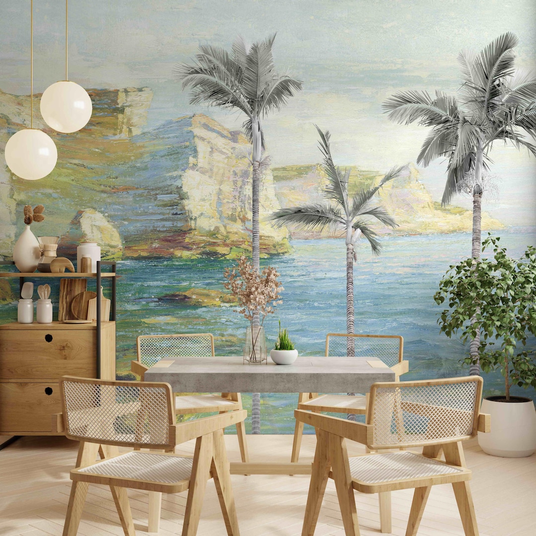 Coastal Palm Tree Mural - Serene Beachscape Peel and Stick Wallpaper - Etsy