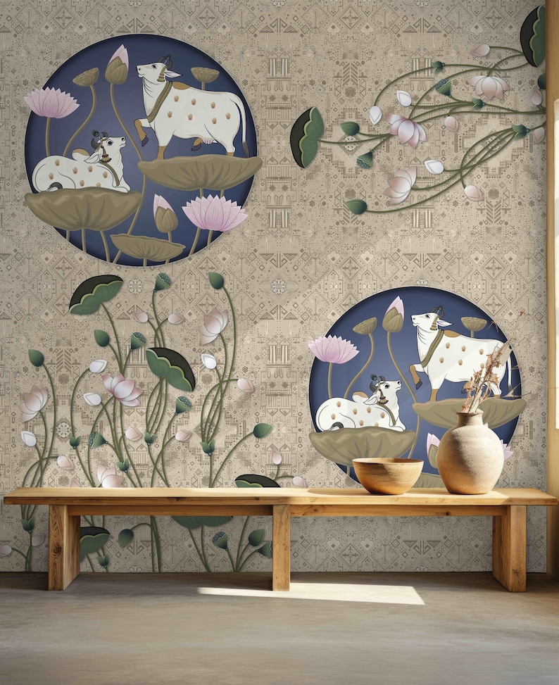 Whimsical Lotus Cow Mural for Temple and Home - Etsy