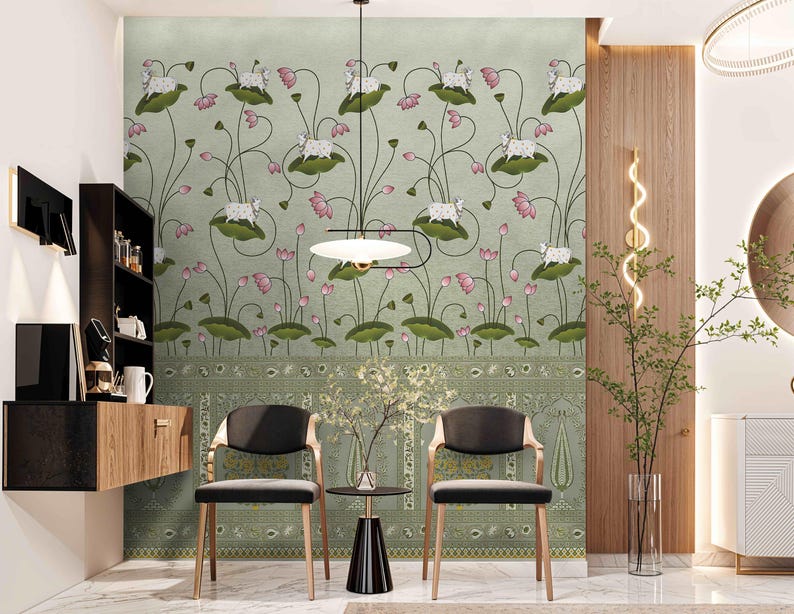 Cows and Lotus Pond Peel and Stick Wallpaper: Indian Ethnica Home Decor ...