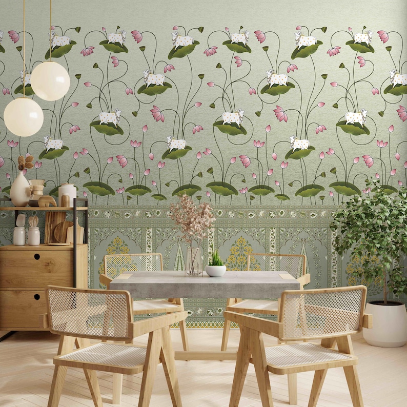 Cows and Lotus Pond Peel and Stick Wallpaper: Indian Ethnica Home Decor ...