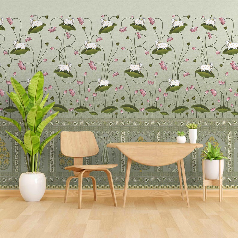 Cows and Lotus Pond Peel and Stick Wallpaper: Indian Ethnica Home Decor ...