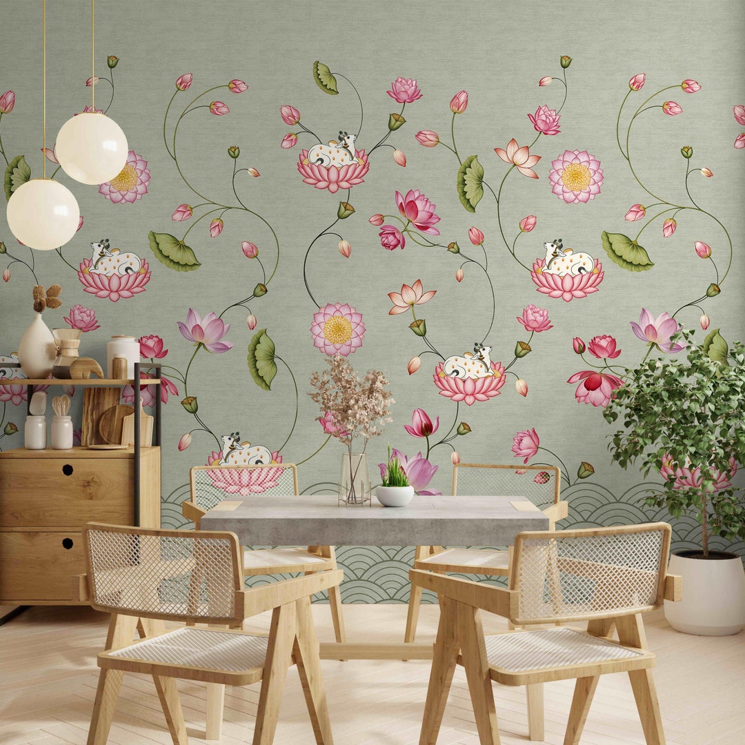 Lotus and Cow Peel & Stick Wallpaper: Delicate Floral Indian Motif ...