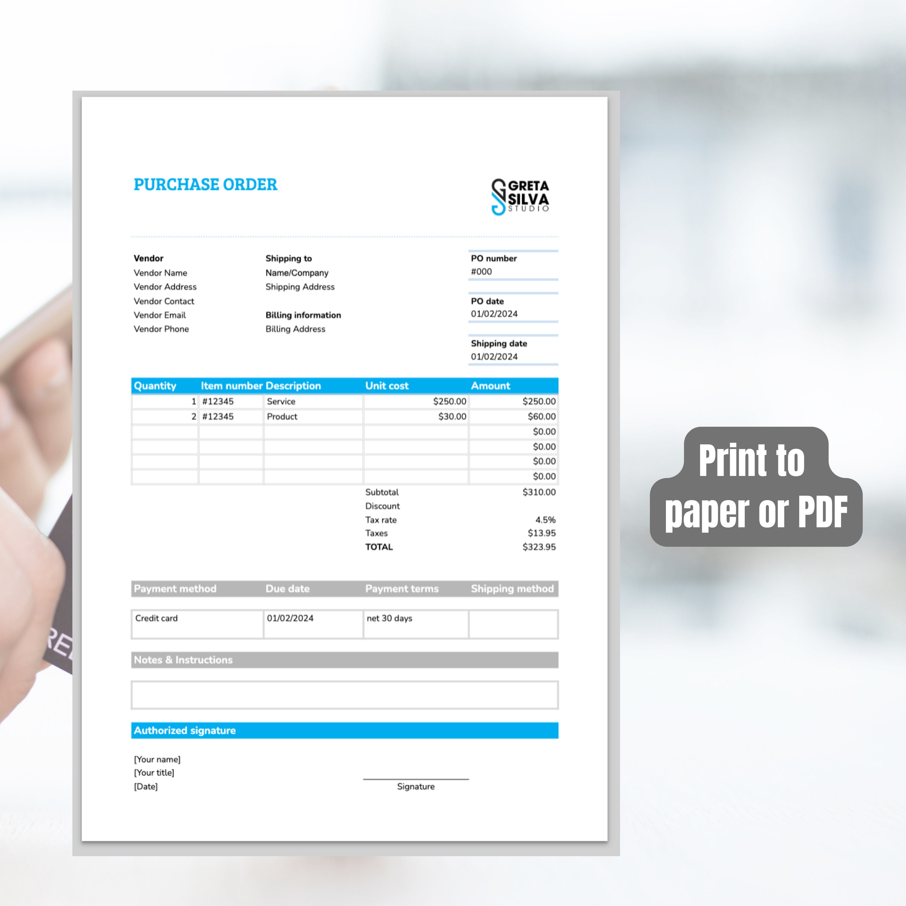 Purchase Order Template | Editable in Google Sheets | Print to Paper or ...