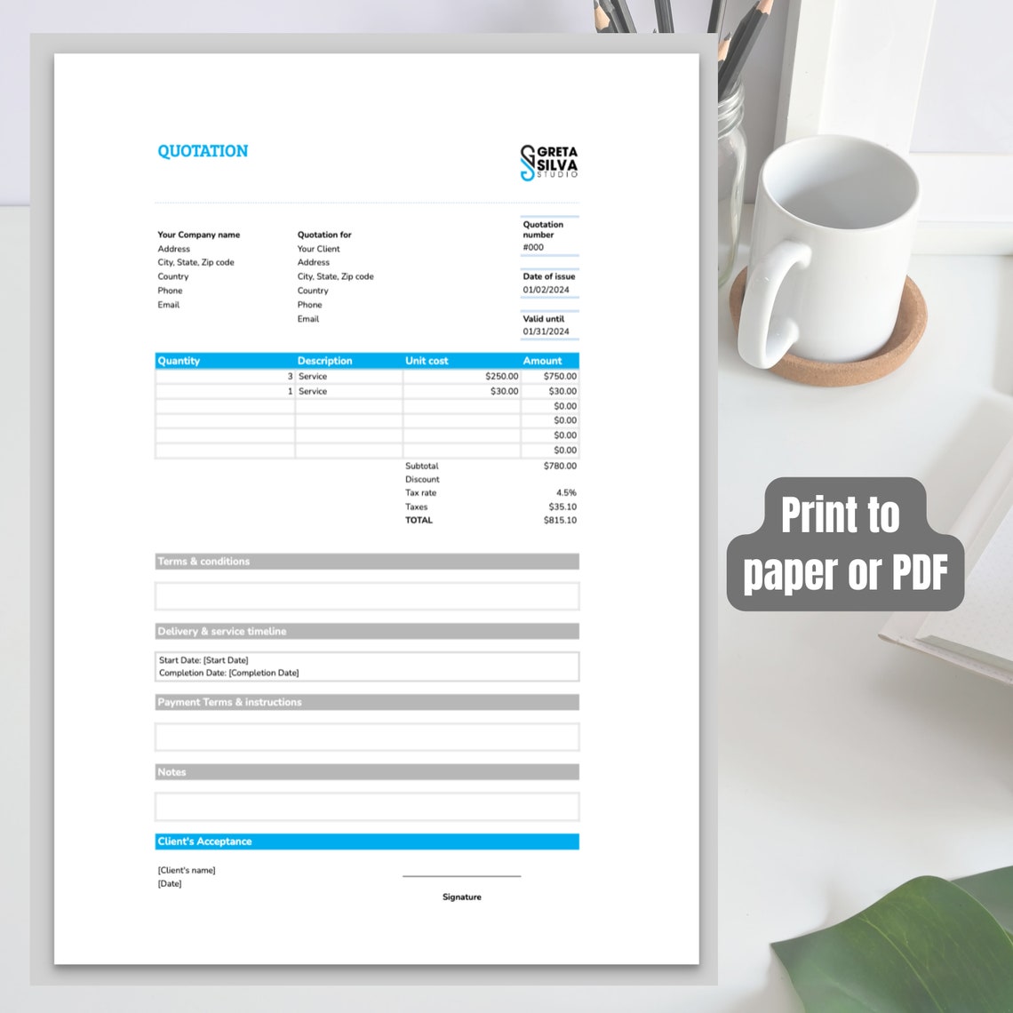Quotation Template | Editable in Google Sheets | Automatic Calculations ...