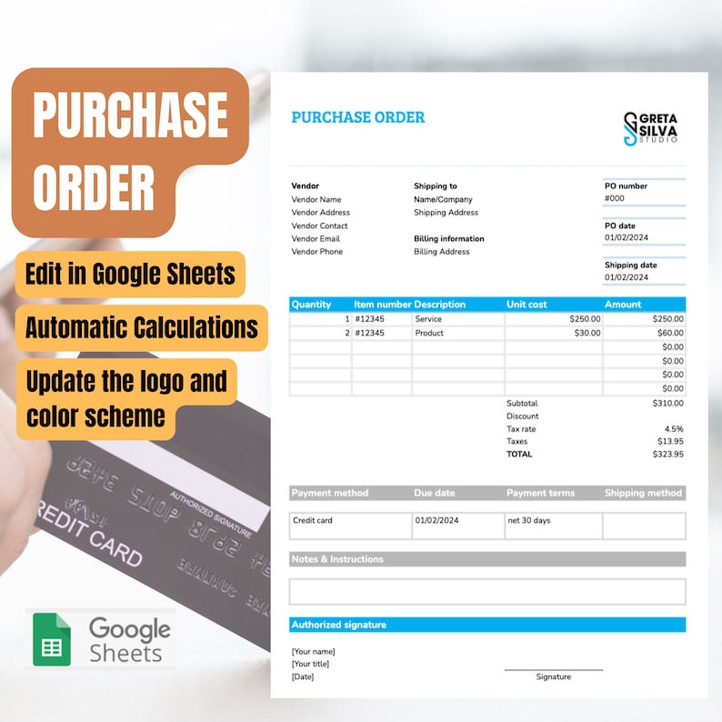 Purchase Order Template Editable in Google Sheets Print to Paper or Pdf ...