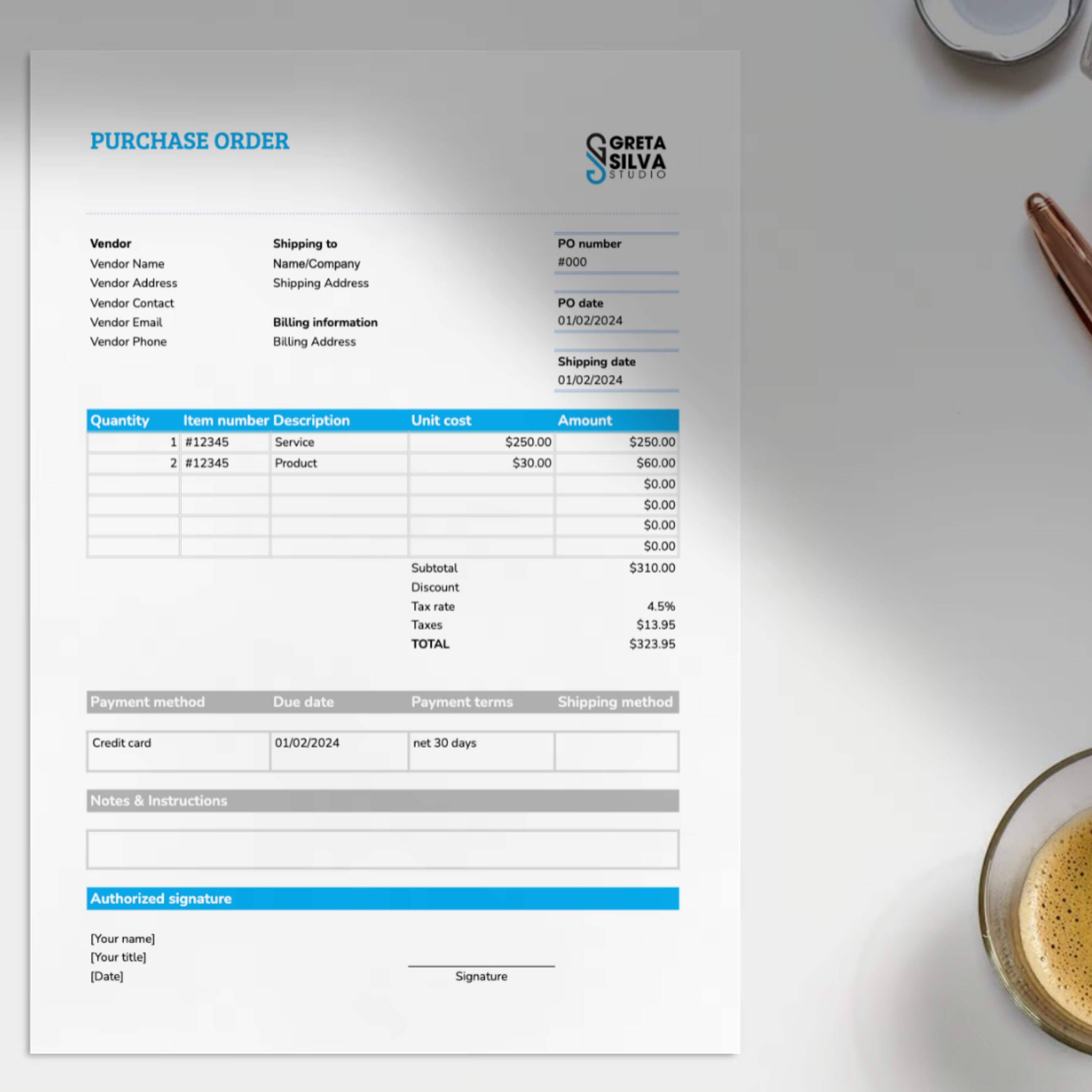 Purchase Order Template | Editable in Google Sheets | Print to Paper or ...