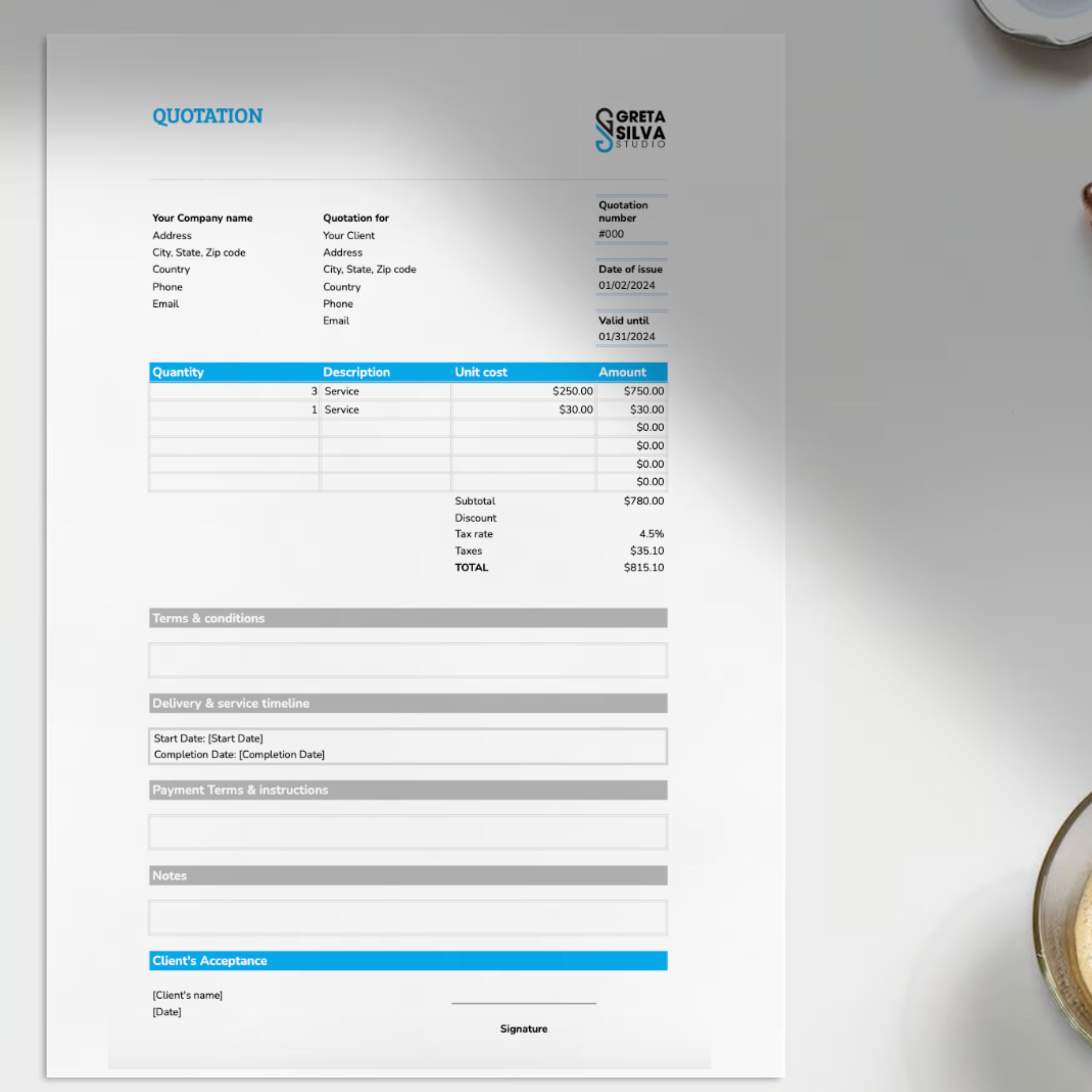 Quotation Template | Editable in Google Sheets | Automatic Calculations ...