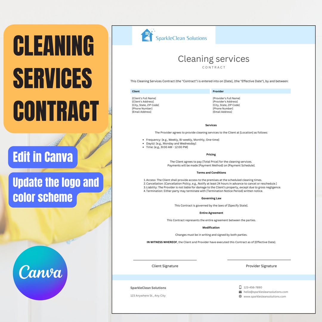Cleaning Contract | Edit in Canva | Customizable Cleaning Services ...