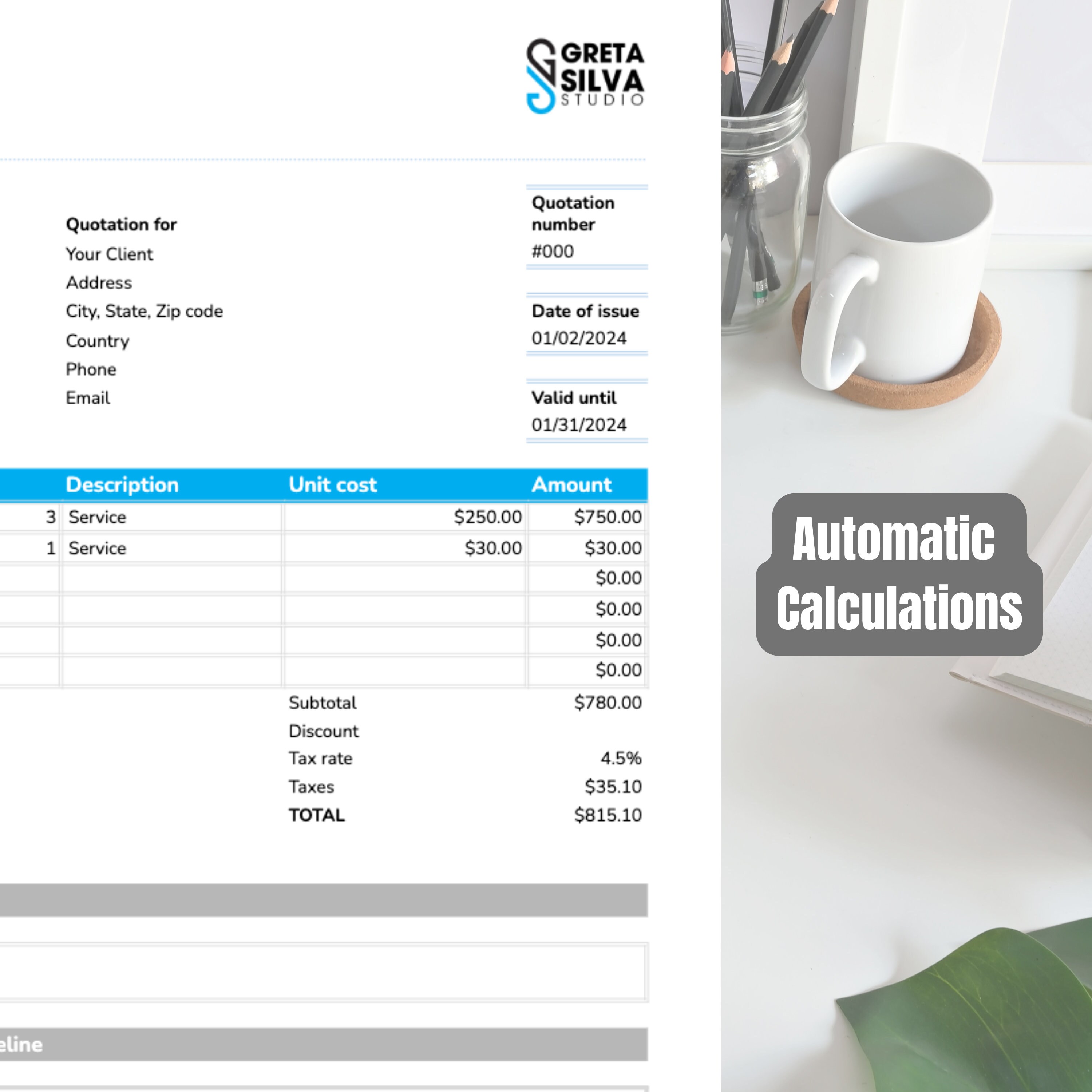 Quotation Template | Editable in Google Sheets | Automatic Calculations ...