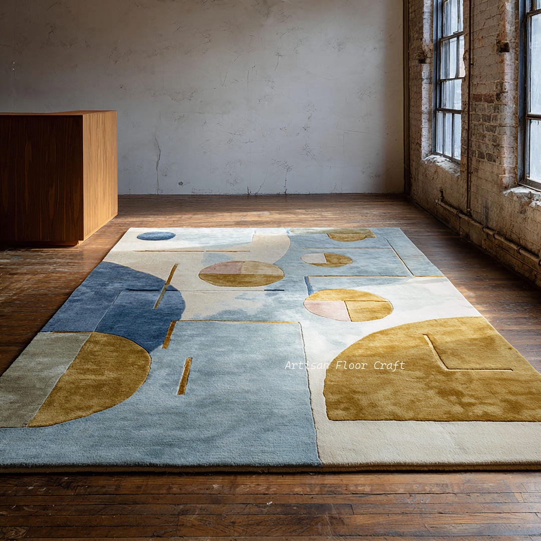 Modern Abstract Hand Tufted Wool Rug With Geometric Design in Blue ...