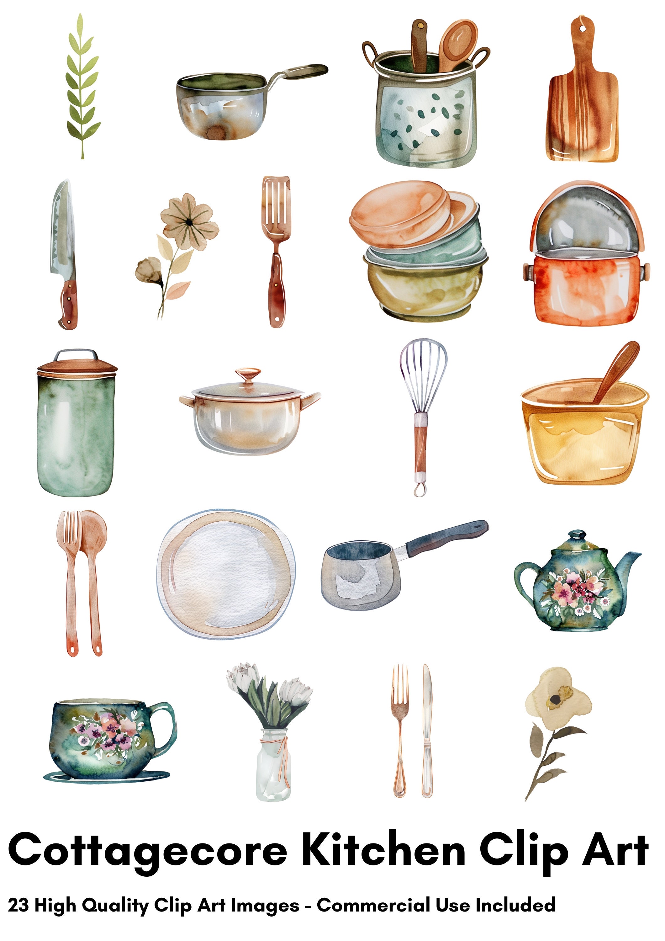 Cottagecore Kitchen Clipart - 23 High Quality Jpgs - White ...