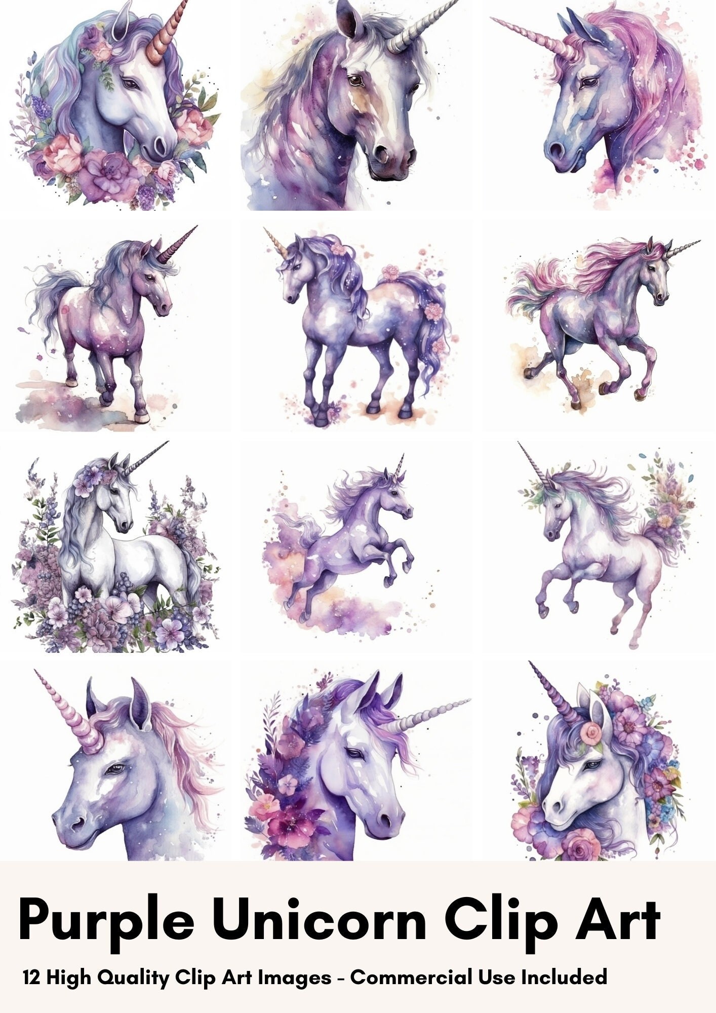 Purple Unicorn Clipart- 12 High Quality Jpgs - White & Transparent ...