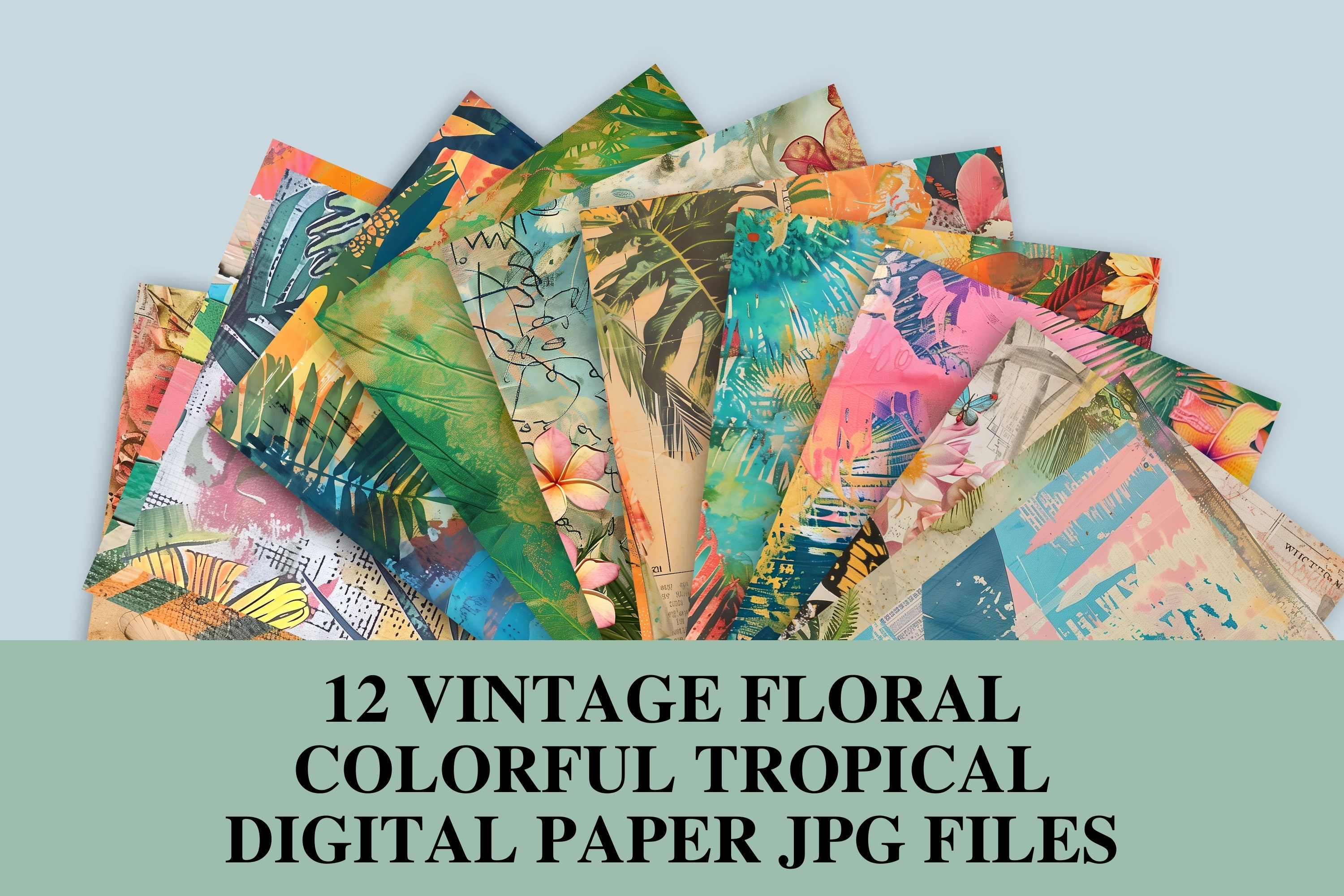 Shabby Chic Vintage Color Tropical Paper Pack, 12 Jpgs, Collage Junk ...