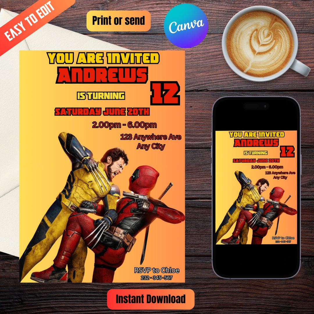 Printable Deadpool Birthday Invitation Editable Digital Download ...