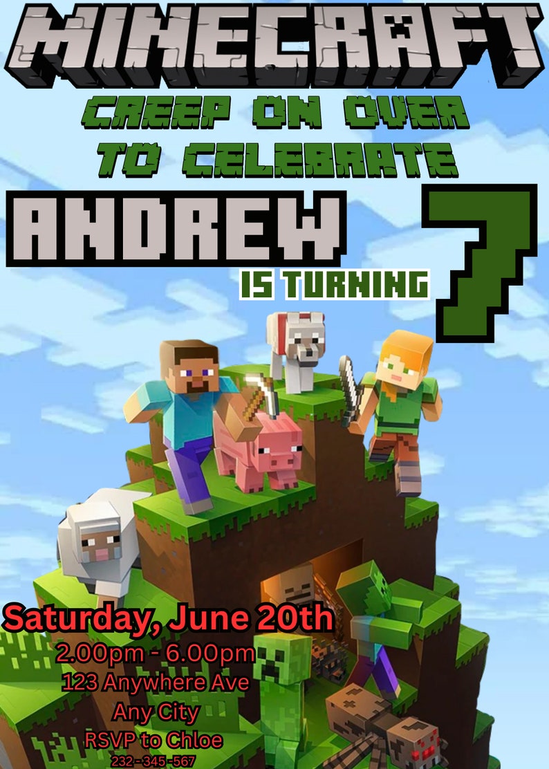 Editable Minecraft Birthday Invitation Minecrafter Birthday Invitations ...
