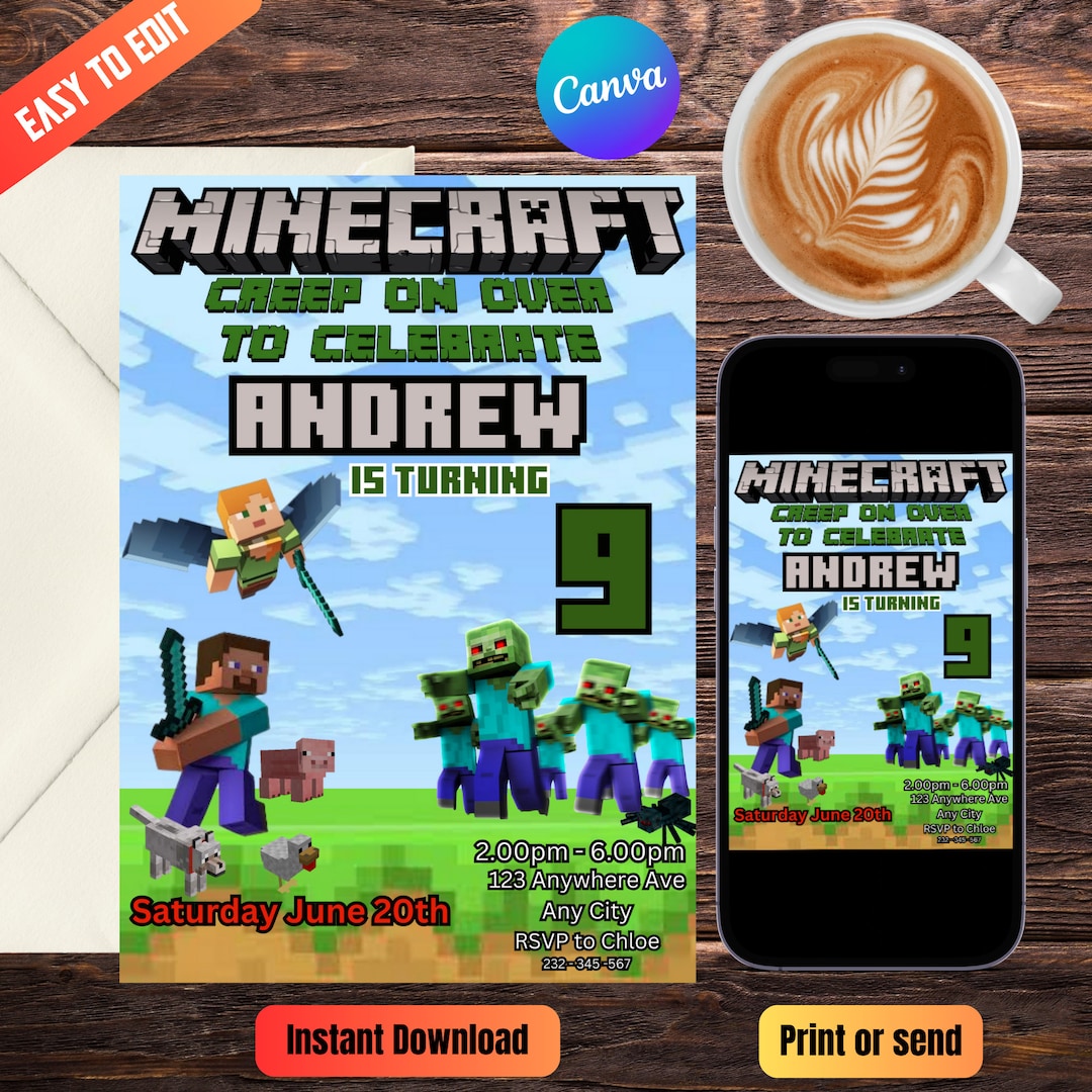 Invitación de cumpleaños de Minecraft editable / Invitaciones de ...