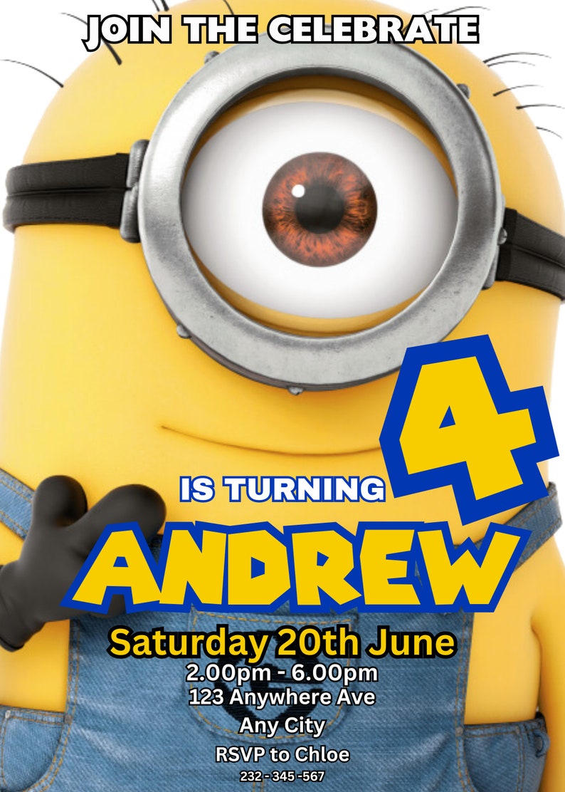 Editable Minions Stuart Birthday Party Invitation Minions - Etsy
