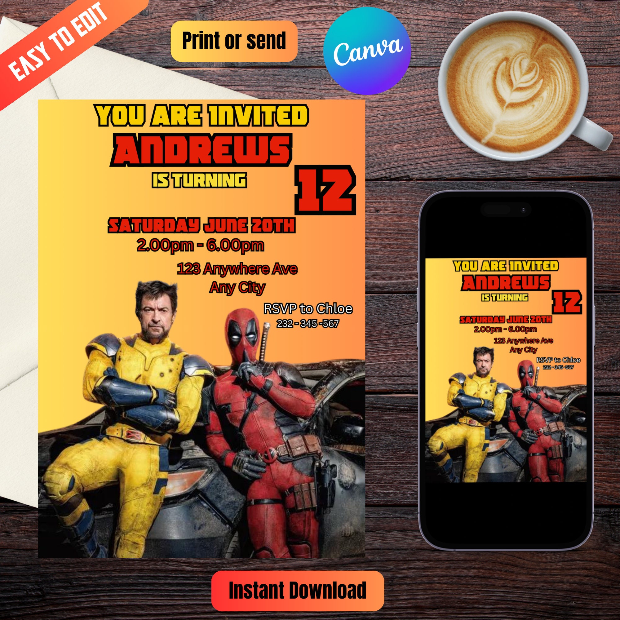 Deadpool and Wolverine Birthday Invitation Editable Digital Download ...
