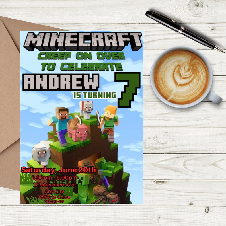 Editable Minecraft Birthday Invitation Minecrafter Birthday Invitations ...