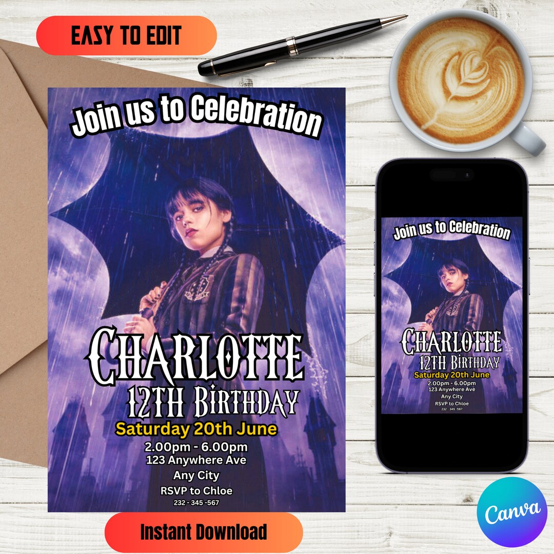 Wednesday Birthday Invitation Template Editable, Printable Wednesday ...