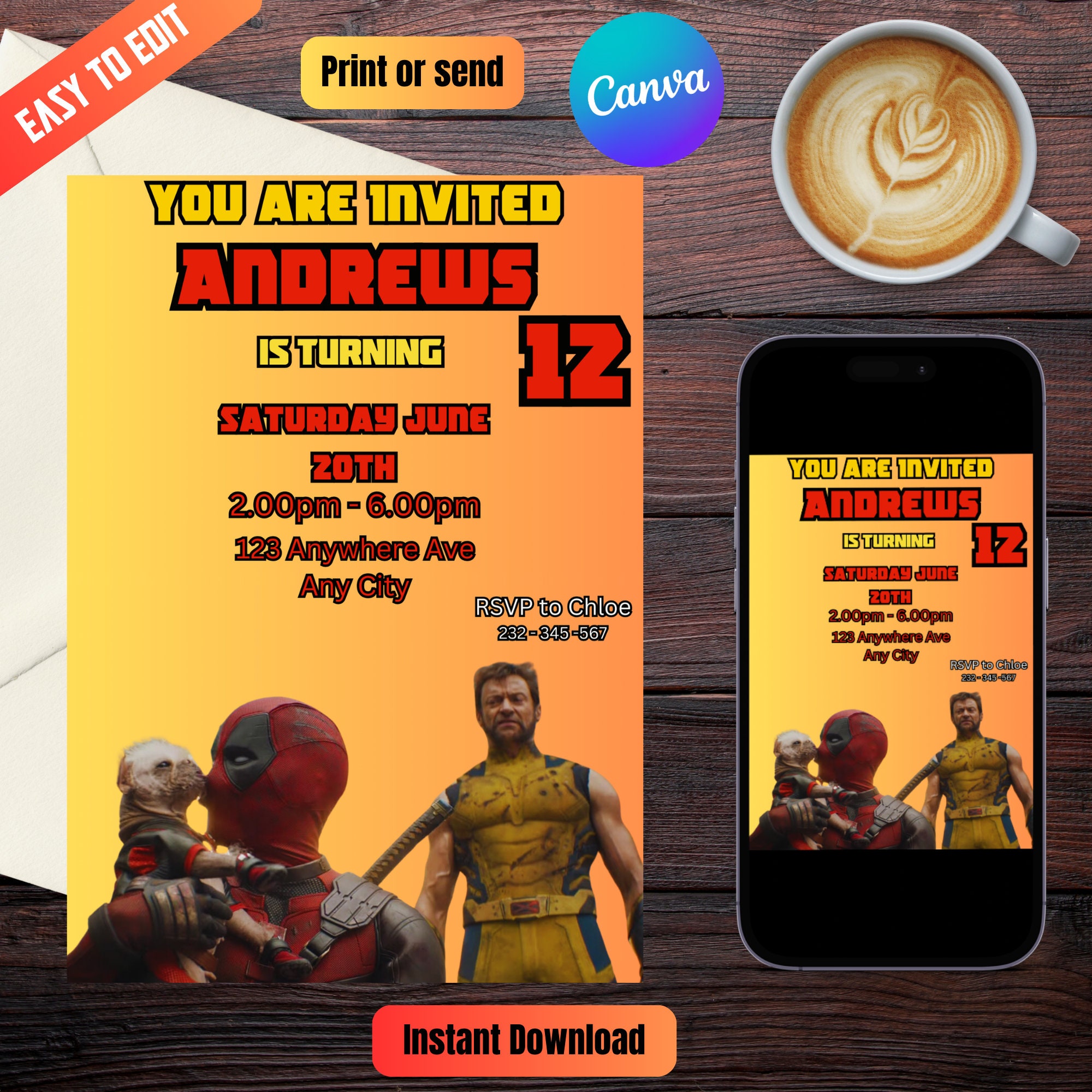 Deadpool and Wolverine Birthday Invitation Editable Digital Download ...