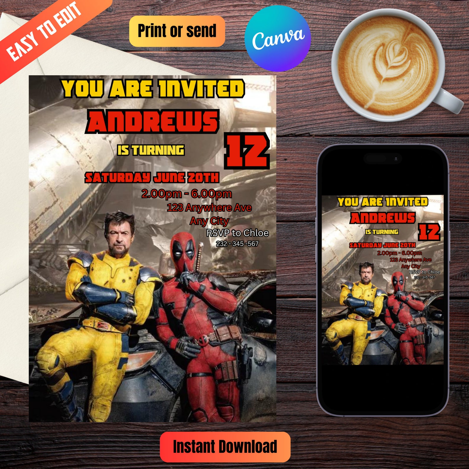 Deadpool and Wolverine Birthday Invitation Editable Digital Download ...