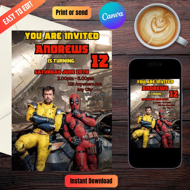 Deadpool and Wolverine Birthday Invitation Editable Digital Download ...